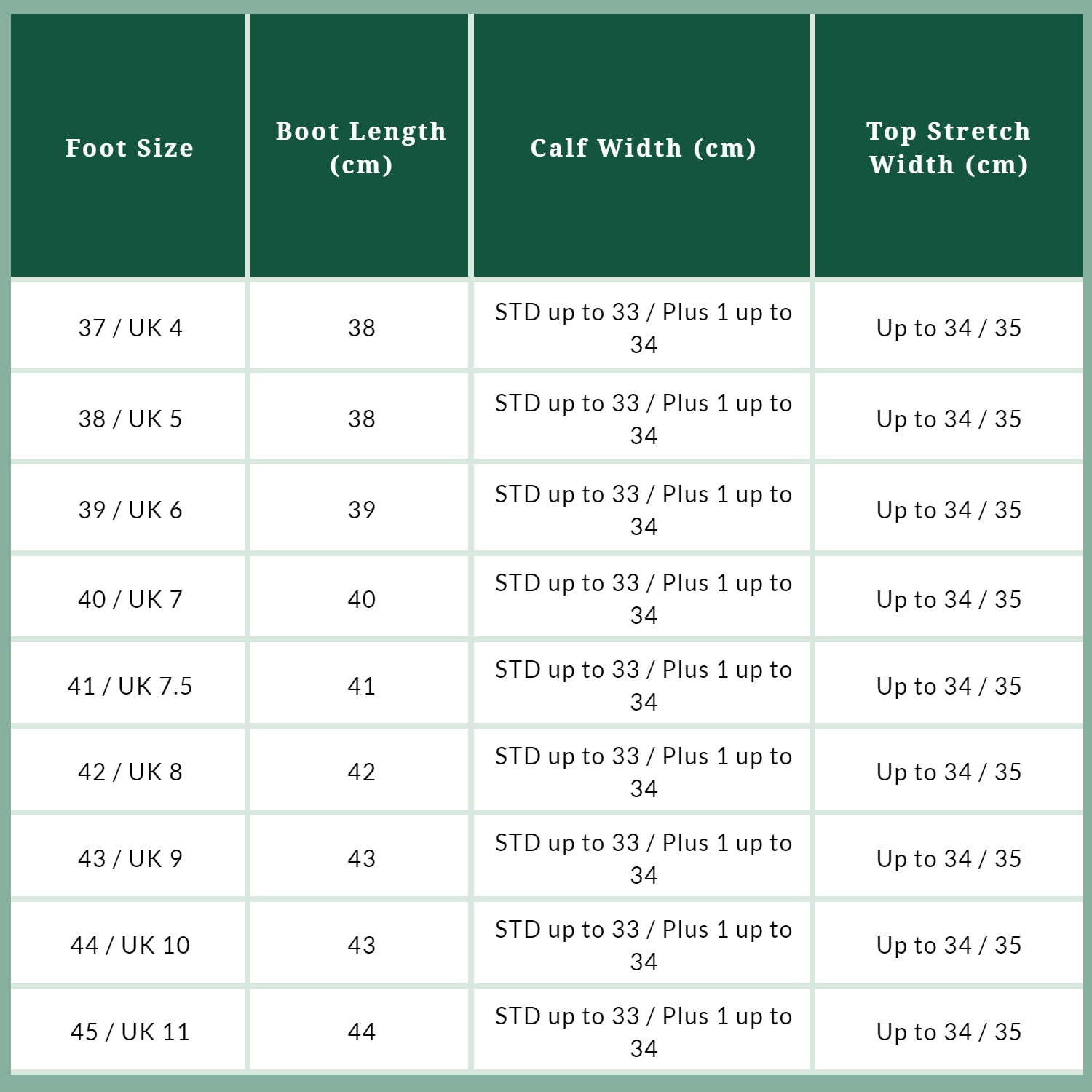 Long Boots Sizing Guide – Tuffa Boots