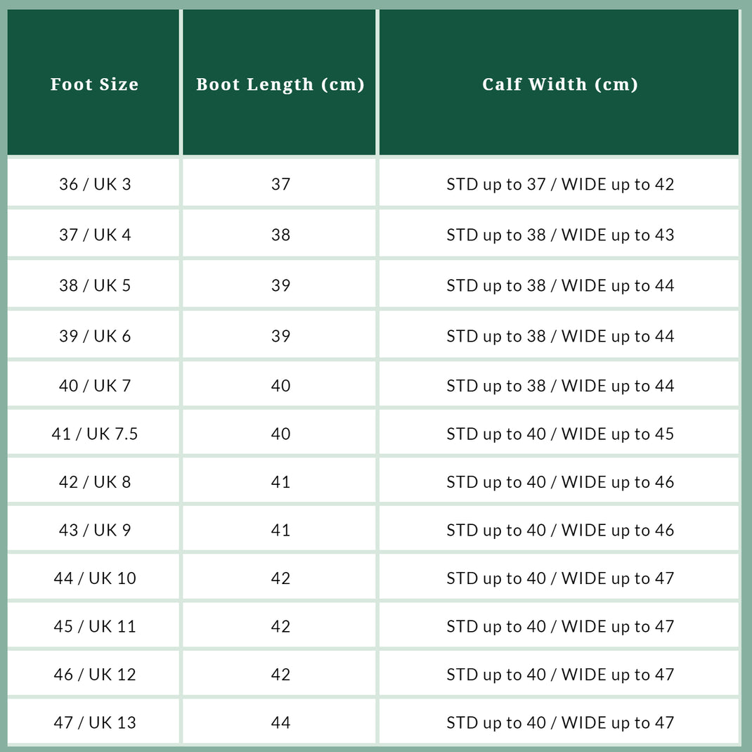 Long Boots Sizing Guide – Tuffa Boots